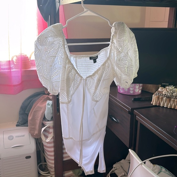 Express | Tops | A White Ruffle Bodysuit With Detailing With A Bow In ...